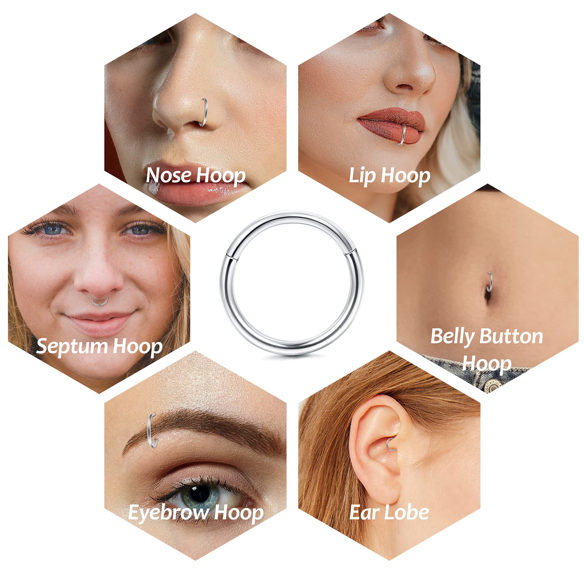 LOYALLOOK G23 Titanium Hinged Clicker Segment Nose Rings Hoop Septum Nose Lip Ring Hoop for Women Men Helix Cartilage Daith Tragus Sleeper Earrings Body Piercing Improved 16G Silver Tone