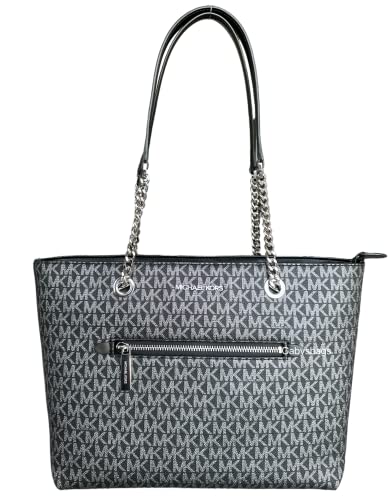 Michael Kors Jet Set Item Medium Front Pocket Chain Tote Bag Purse (Black Silver)