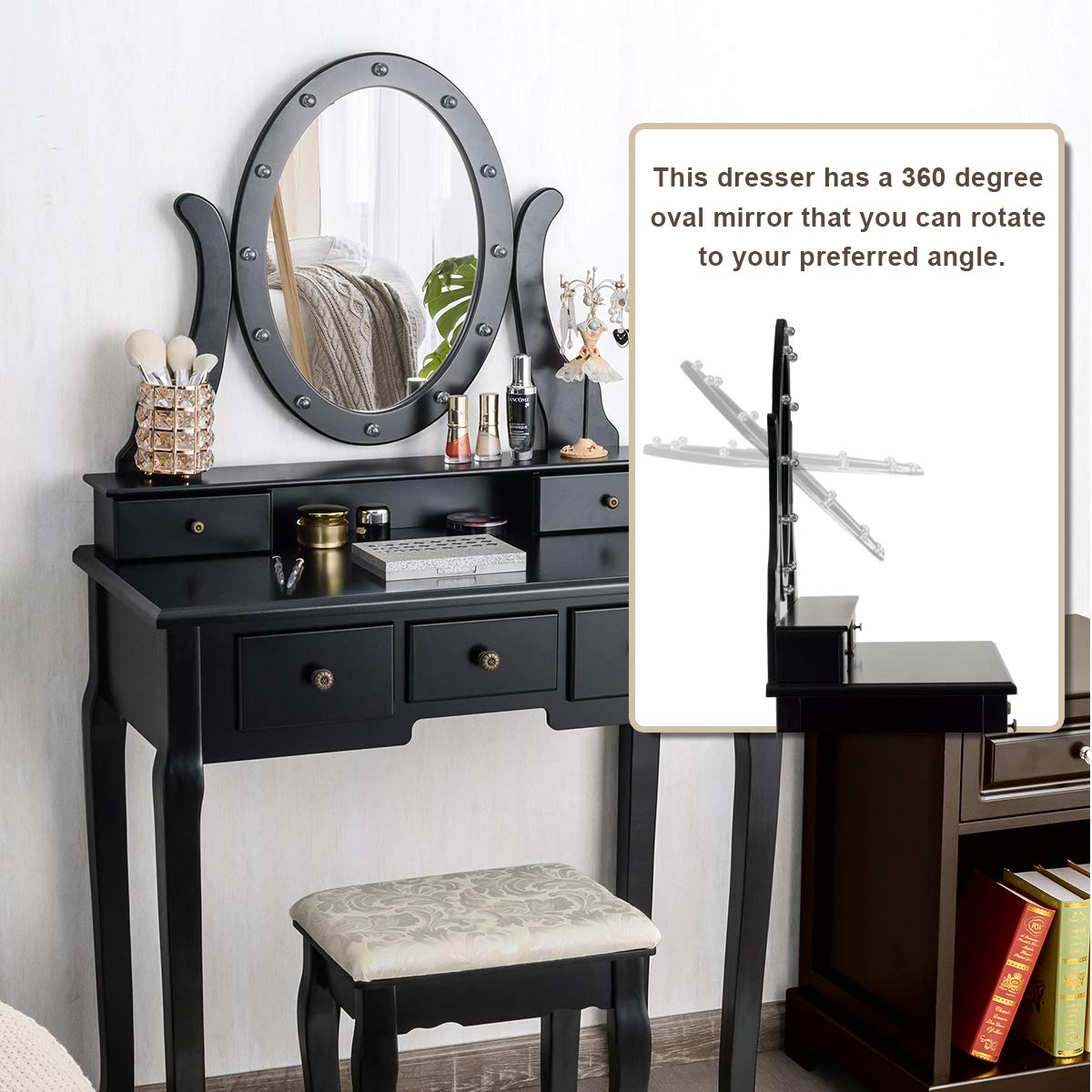 Giantex Vanity Table Set with 12 Lights Mirror, Bedroom Makeup Dressing Table with 360° Rotating Oval Mirror, 5 Drawers and Shelf, Modern Makeup Table with Cushioned Stool for Girls Women (White)