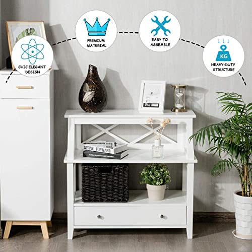 Giantex 3 Tier Console Table with a Large Drawer, Sofa Side Table with Storage Shelves, Entryway Hall Table Furniture, Display Rack Stand for Living Room Study, Easy Assembly (White)