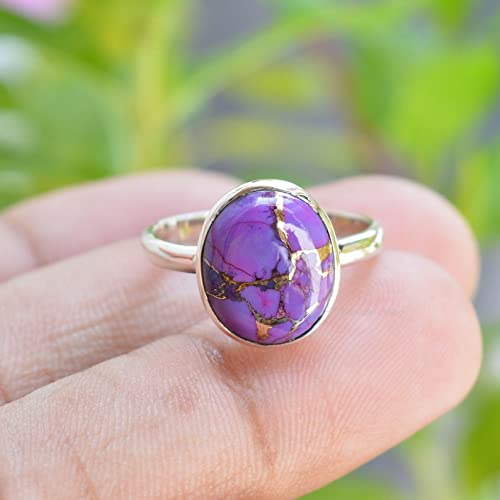 Gemstone 925 Sterling Silver Ring Healing gemstone Ring Purple Copper Turquoise Round Shape Gemstones/Reiki Healing Gemstone Protection Ring -1592 (5)