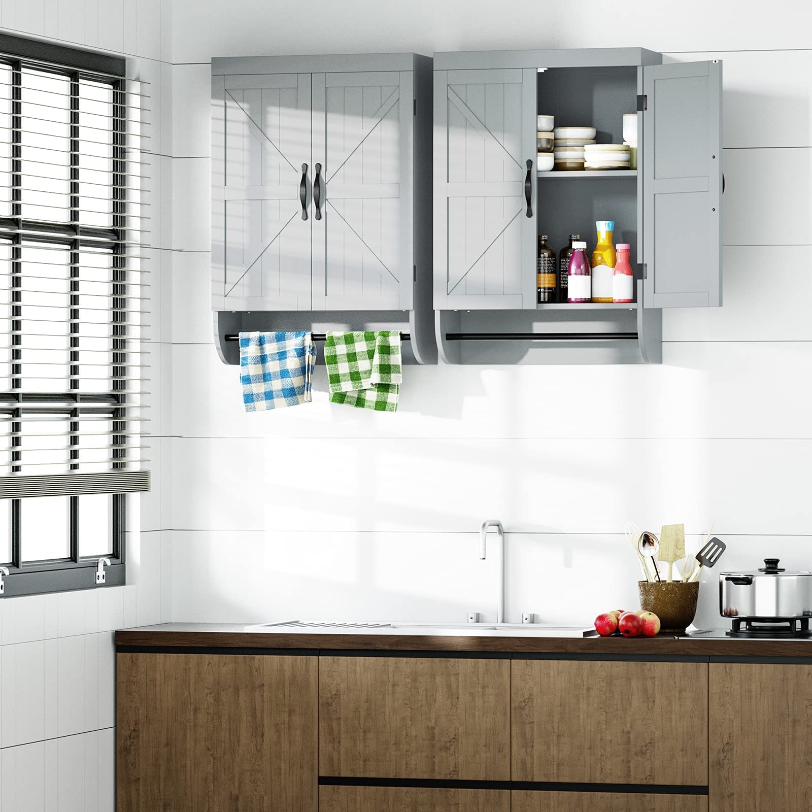 SRIWATANA Bathroom Storage Wall Cabinet Over The Toilet with Adjustable Shelf, Space Saver 2-Door Medicine Cabinet with Metal Bar, Gray