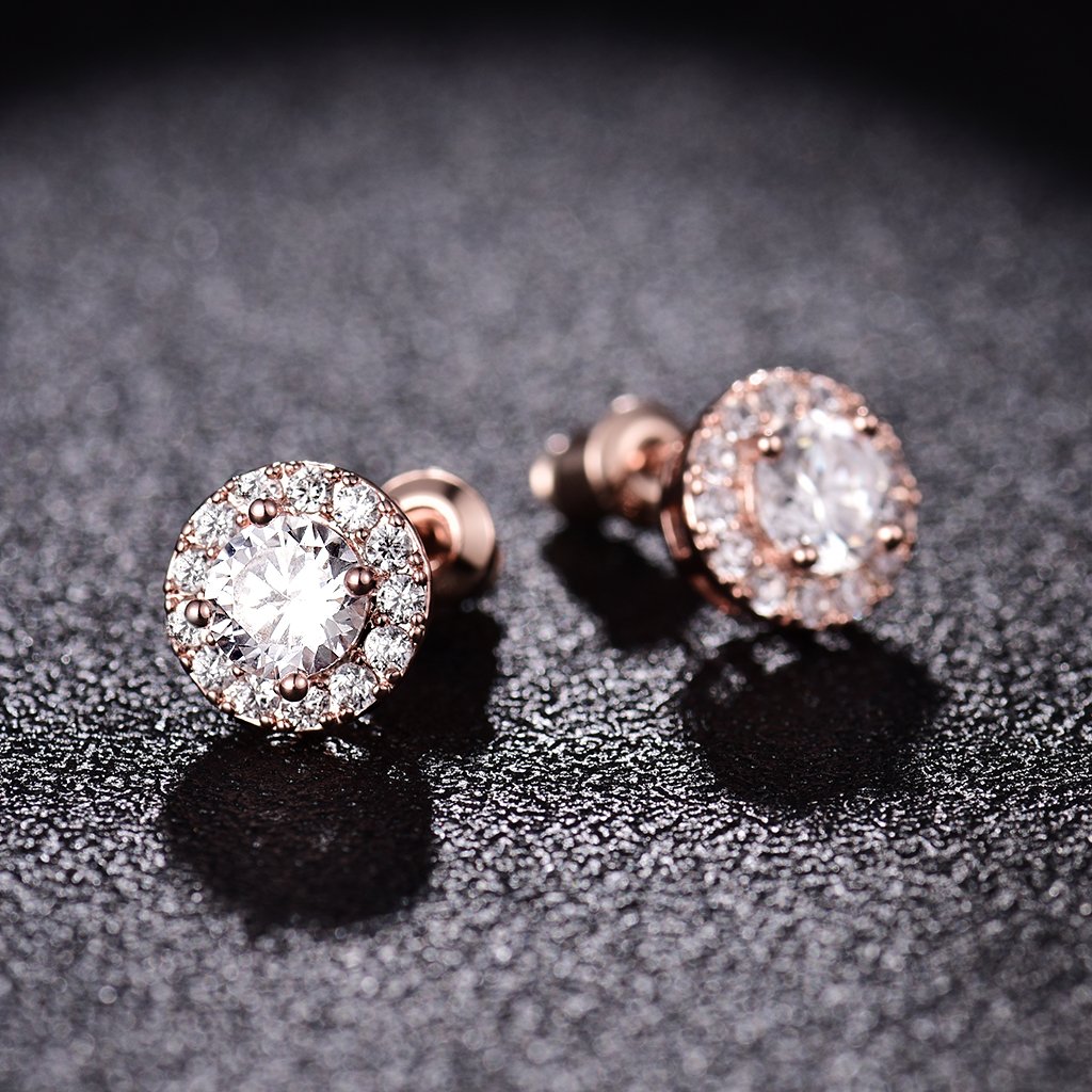 GULICX Halo Stud Earrings Round CZ Cubic Zirconia for women Silver/Gold Plated/Rose Gold Plated