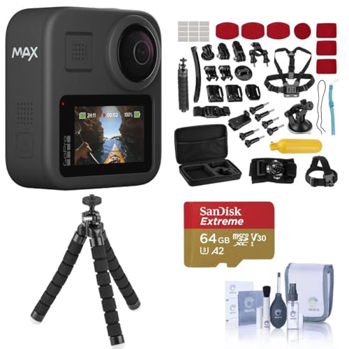GoPro MAX Waterproof 360, Traditional Camera with Touch Screen Spherical 5.6K30 HD Video 16.6MP 360 Photos 1080p Live Streaming Stabilization - Bundle with SD Card, Sport Accessory Kit MAX