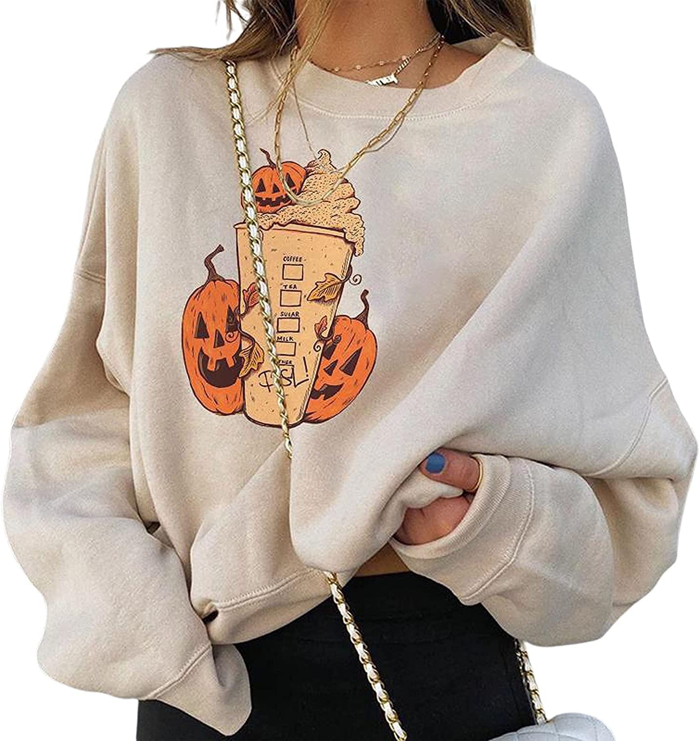Guccou Halloween Graphic Sweatshirts for Women Pumpkin Skull Printed Sweater Long Sleeve Pullover Tops Lightweight Sweatshirt (White - Pumpkin Icecream, Large), Z White - Pumpkin Icecream