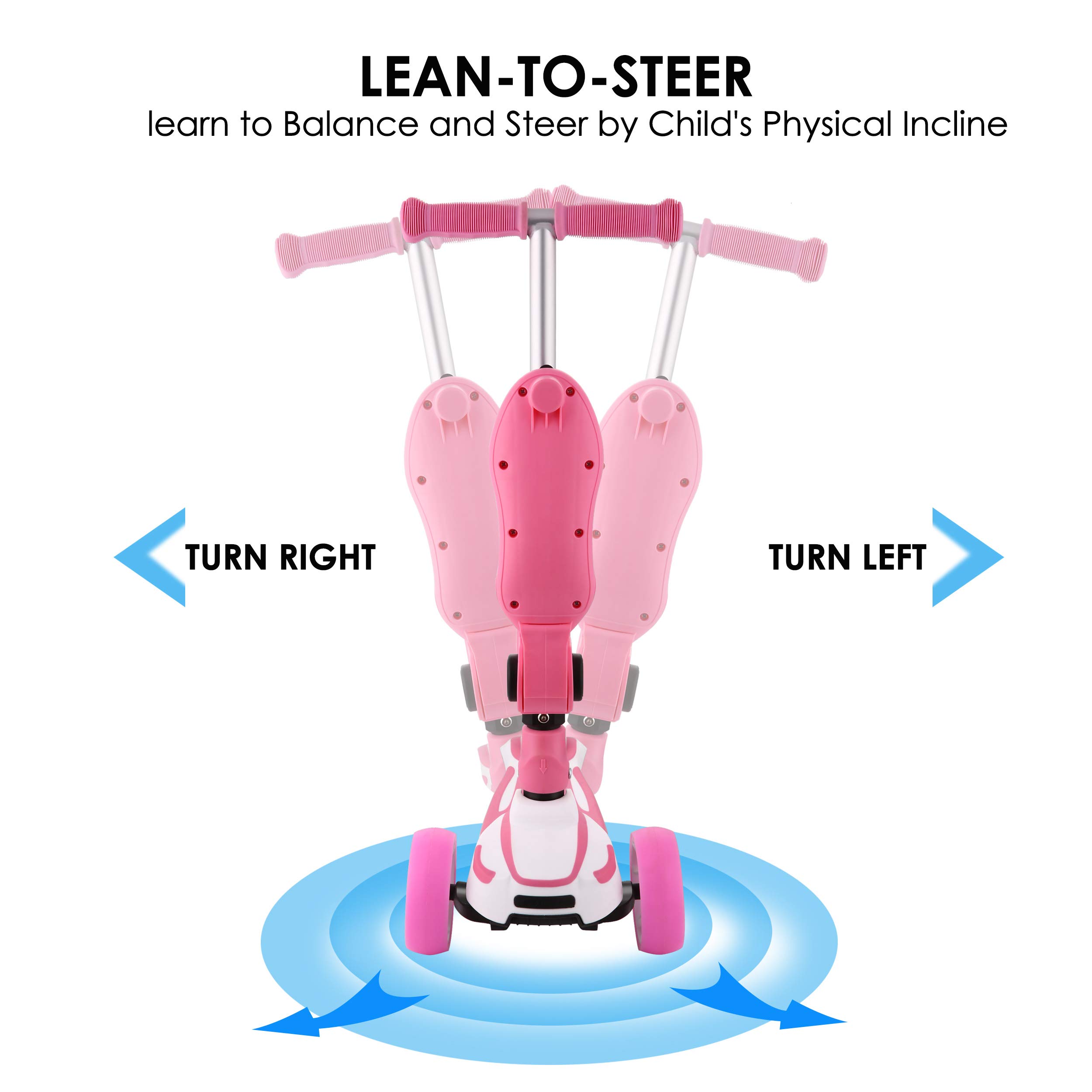 Hikole 3 Wheels Scooter for Kids with Foldable and Removable Seat – Adjustable Height, 3 LED Light Wheels, Kick Scooter for Girls & Boys 3-8 Years Old (Pink)