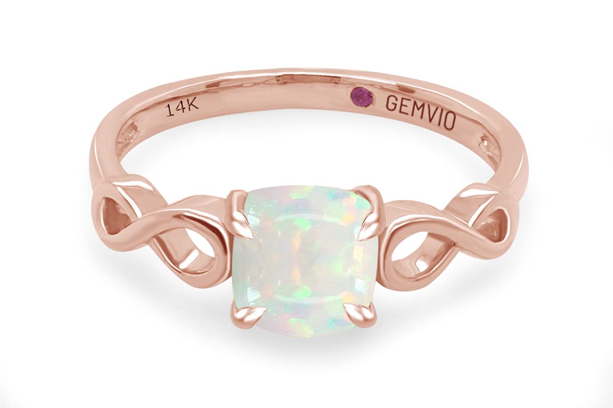 GEMVIO Collection 6MM Cushion Cut Natural Opal Gemstone Infinity Solitaire Engagement Wedding Anniversary Ring in in 14K Rose Solid Gold Jewelry For Women Ring Size -6