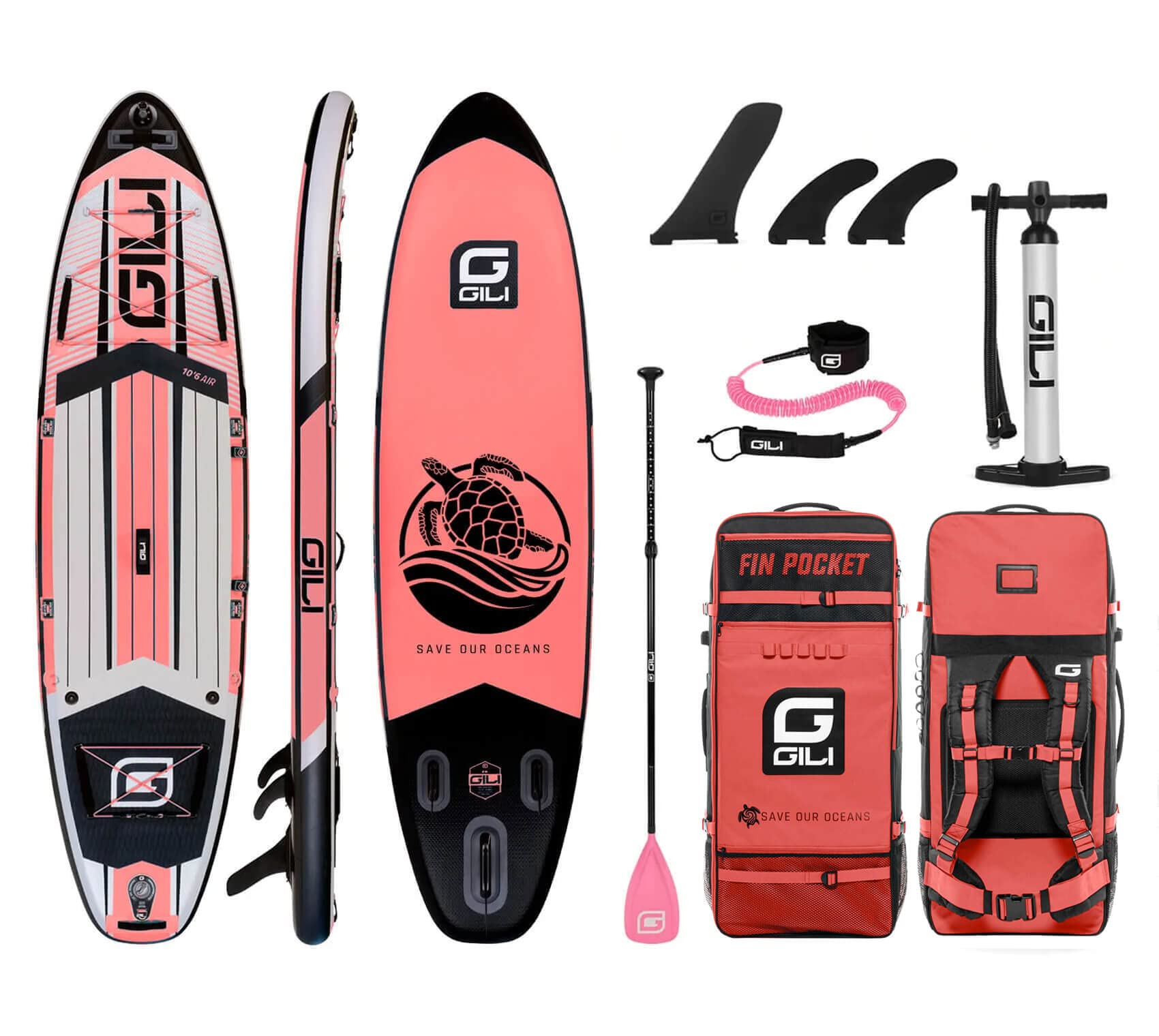 GILI Air Inflatable Stand Up Paddle Board Package: All Around SUP 10'6/11'6 Long x 32" Wide x 6" Thick | Lightweight & Durable, Stable & Wide Stance | Tri-fin Setup and Accessories (10'6, Coral)
