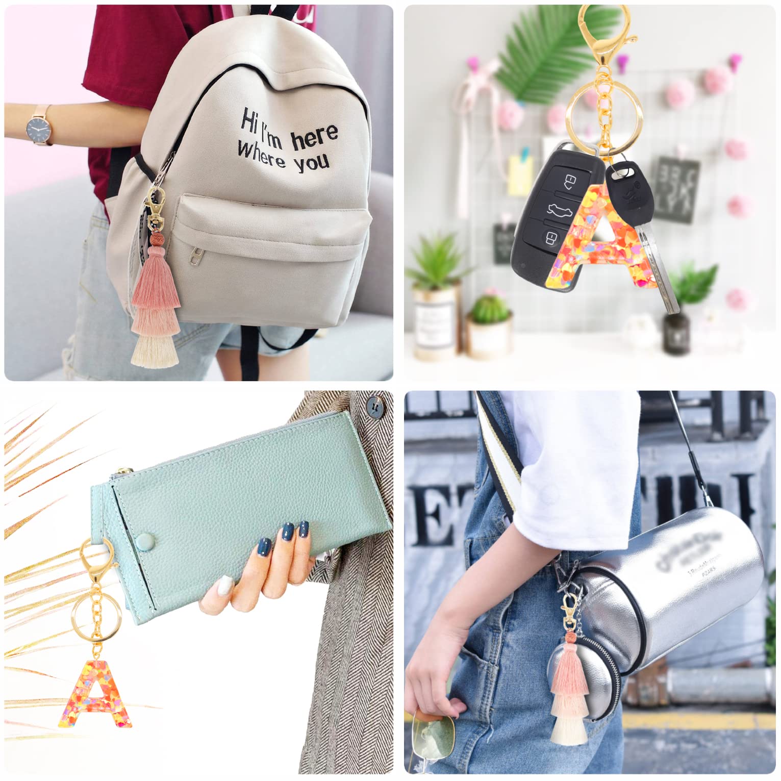Hisuper Boho Keychains Pom Pom Tassel Macrame Keyring Alphabet Initial Letter M Keychain Pendant Car Key Ring for Purse Handbags Women Girl