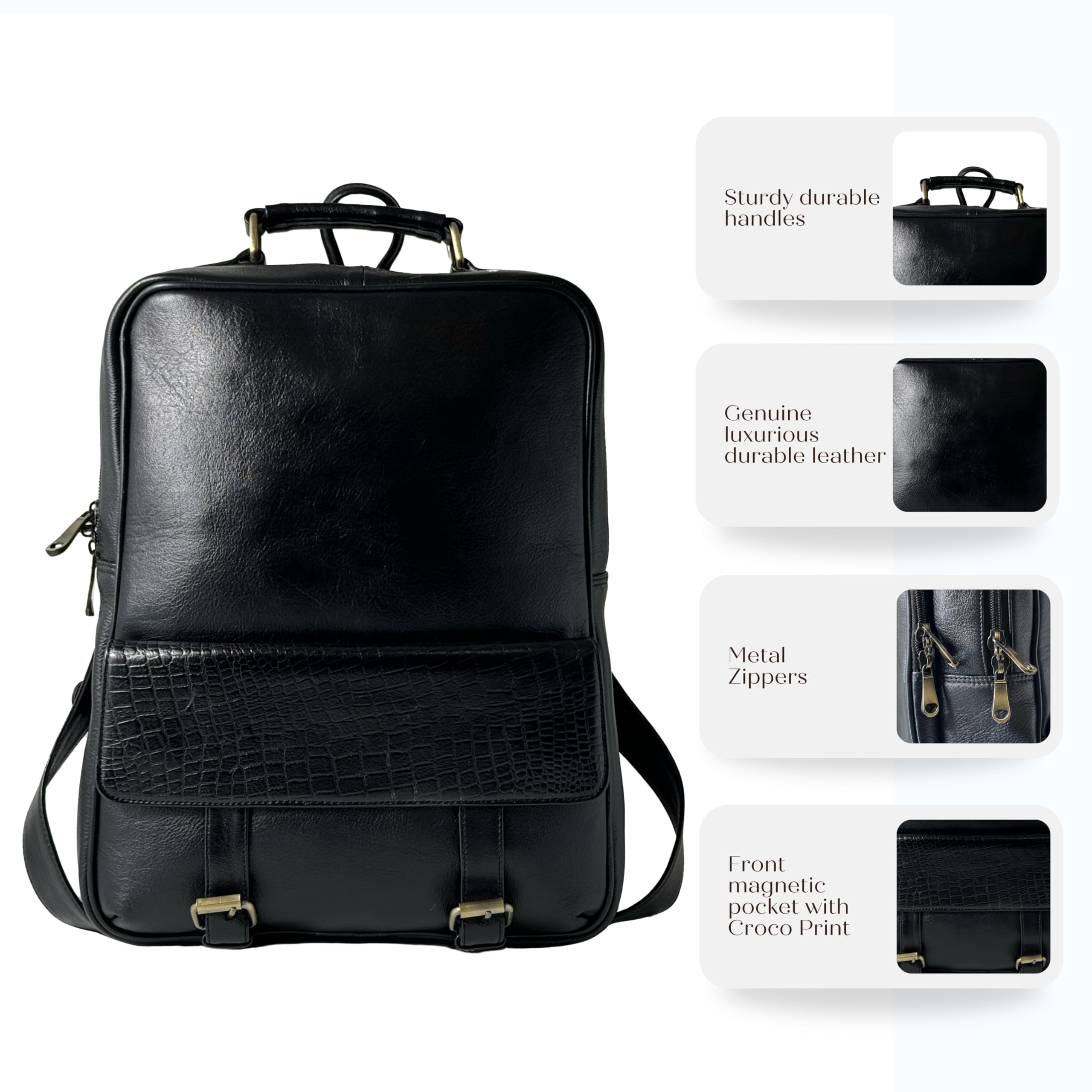 Genuine Leather Luxury Backpack Multi-functional Elegant Daypack Office Travel Leisure Shopping (Black)