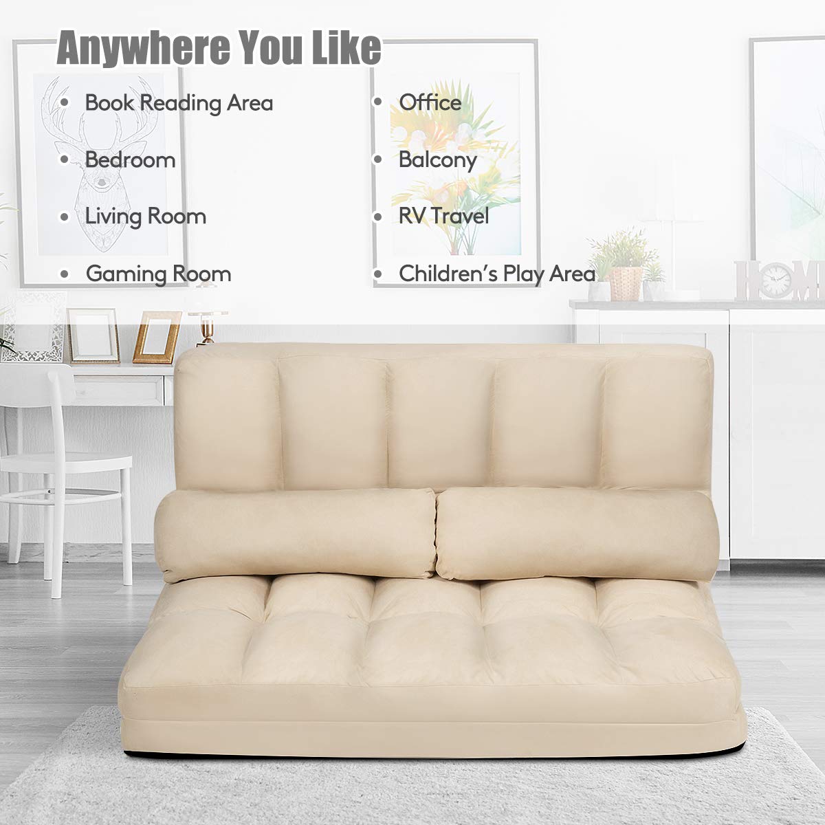Giantex Adjustable Floor Sofa, Foldable Lazy Sofa Sleeper Bed 6-Position Adjustable, Suede Cloth Cover, Floor Gaming Sofa Couch with 2 Pillows for Bedroom/Living Room/Balcony (Beige)