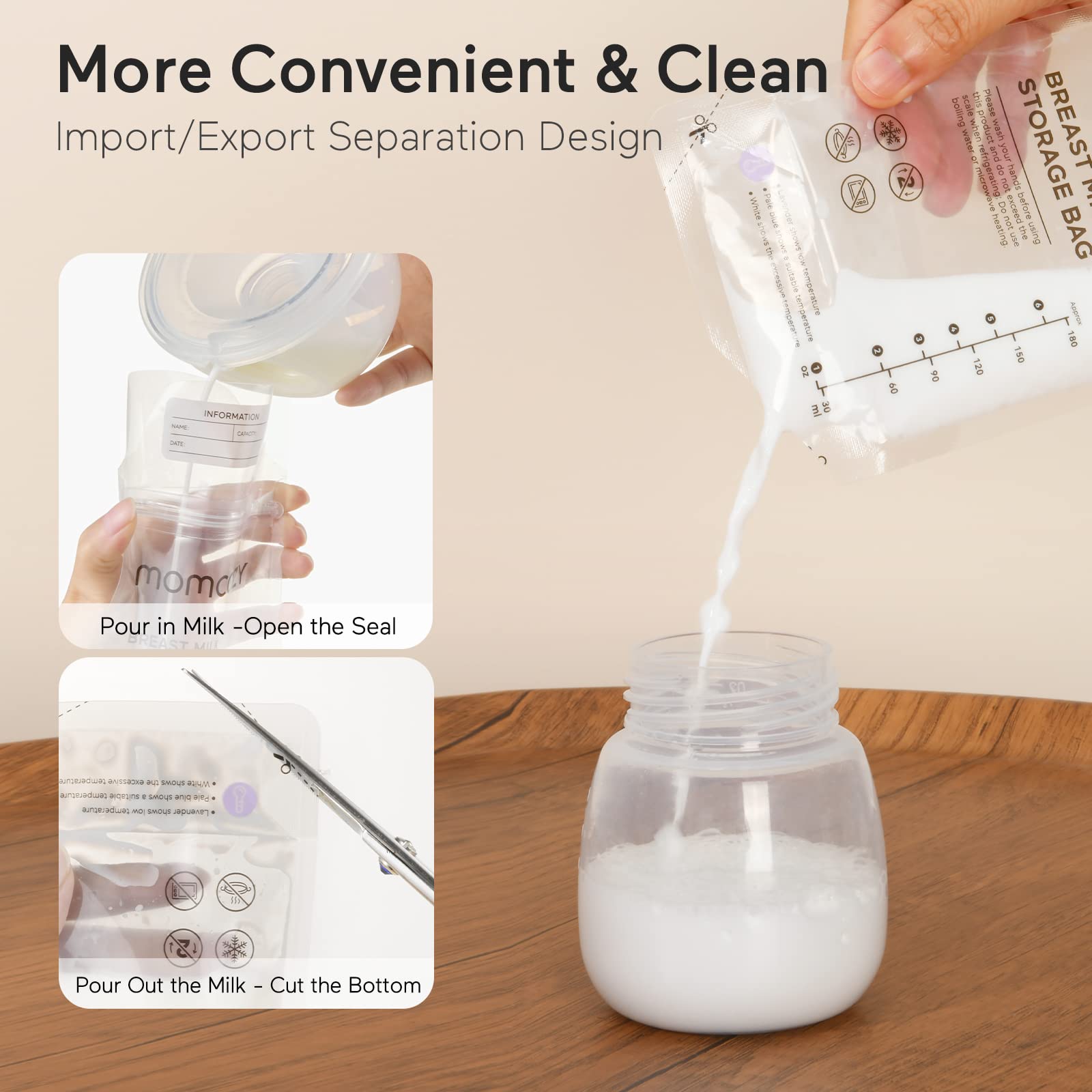 Momcozy Breastmilk Storing Bags with Temp-Sensing 120pcs & Double Wearable Breast Pump, 24mm Pink