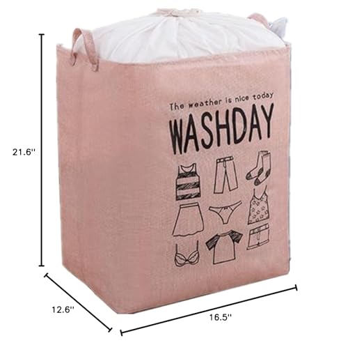 Shellconch Foldable Storage Bin Basket Laundry Basket,Foldable Fabric Storage Bin With Drawstring Cover。Dirty Clothes Hamper for Bedroom.(16.5L x 12.6W x 21.6H) (Pink)