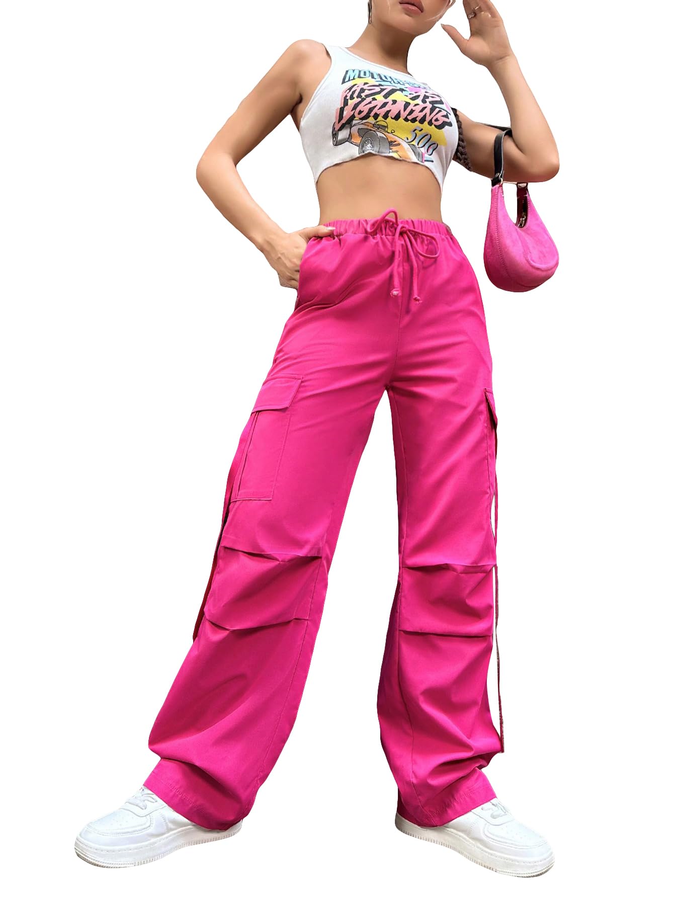 GORGLITTER Women's Drawstring Cargo Pants Flap Pocket High Elastic Waisted Baggy Pants Trousers Hot Pink Medium