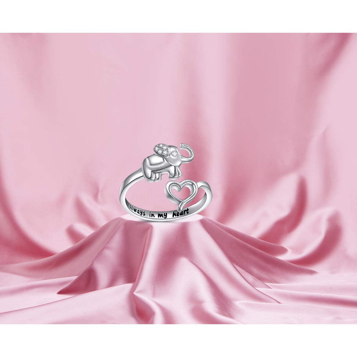 FLYOW Elephant Ring Sterling Silver Engraved Always in My Heart Lucky Elephant Adjustable Wrap Open Ring for Women, Size 7
