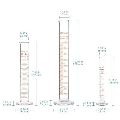 StonyLab Combo Pack Borosilicate Glass 10ml/50ml/100ml Heavy Wall Graduated Cylinder Measuring Cylinder (10ml/50ml/100ml)
