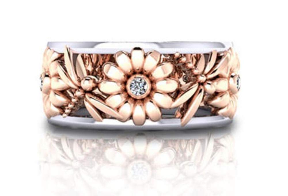 FLYYQMIAO Silver rings Women's Elegant Sunflower Dragonfly Hollow Finger Ring Band Jewelry Cubic Zirconia Ring with Side Stone Copper Leaf Eternity Band (7)