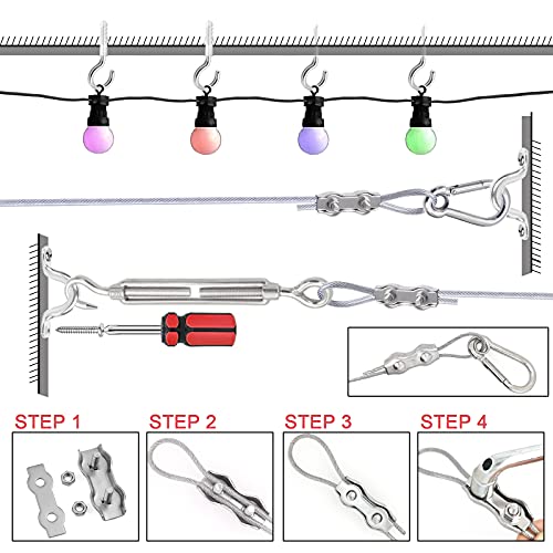 NQN 170FT Globe String Light Suspension Kit, Outdoor String Light Suspension Hanging Kit Guide Wire for Patio, Garden-Vinyl Coated 304 Stainless Steel Wire Cable, Turnbuckle, Hooks, Full Accessories