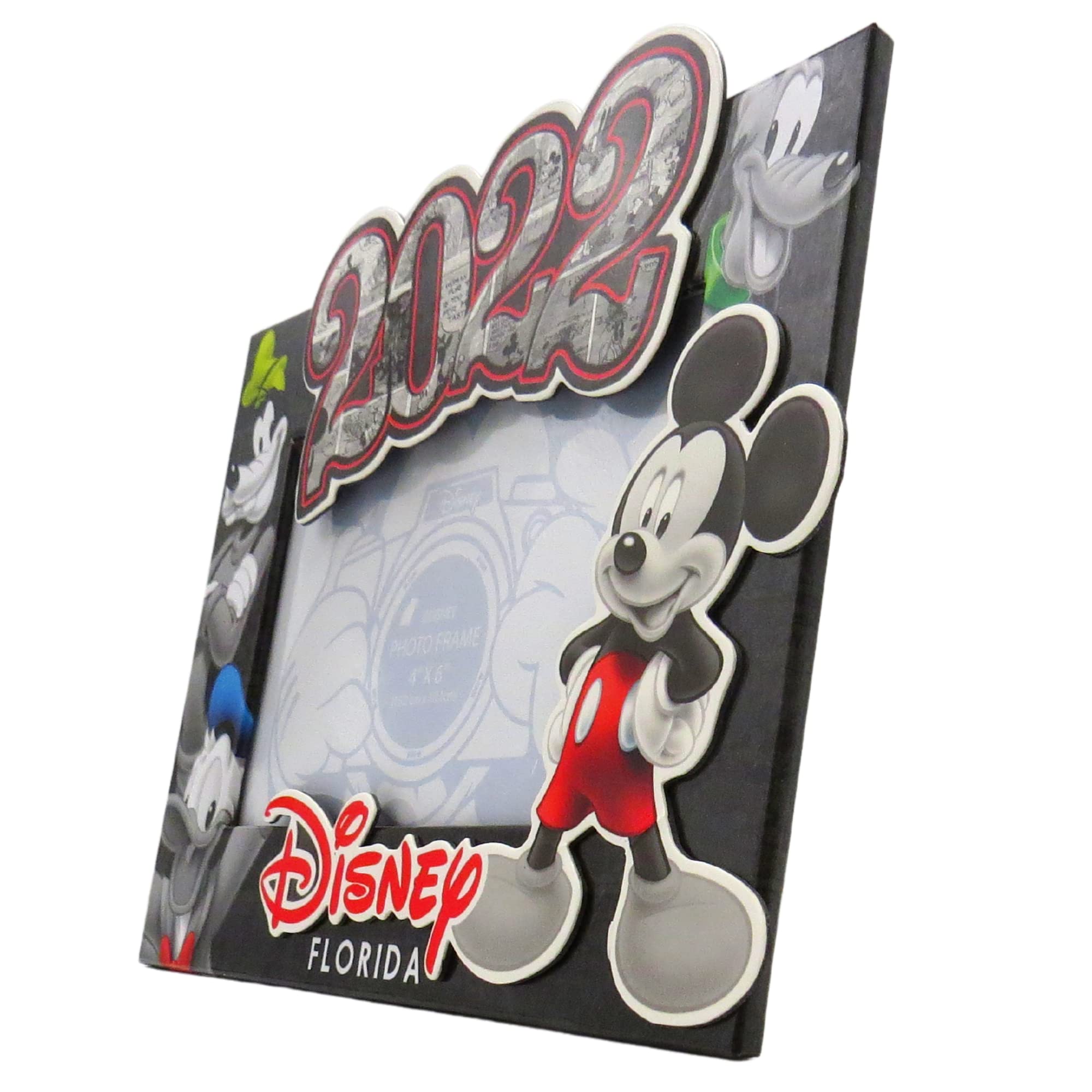 Jerry Leigh 2022 Disney Black and White Souvenir Picture Frame, Paper Dated Frames with Mickey Mouse, Donald Duck, Goofy, and Pluto, First Family Trip Keepsake