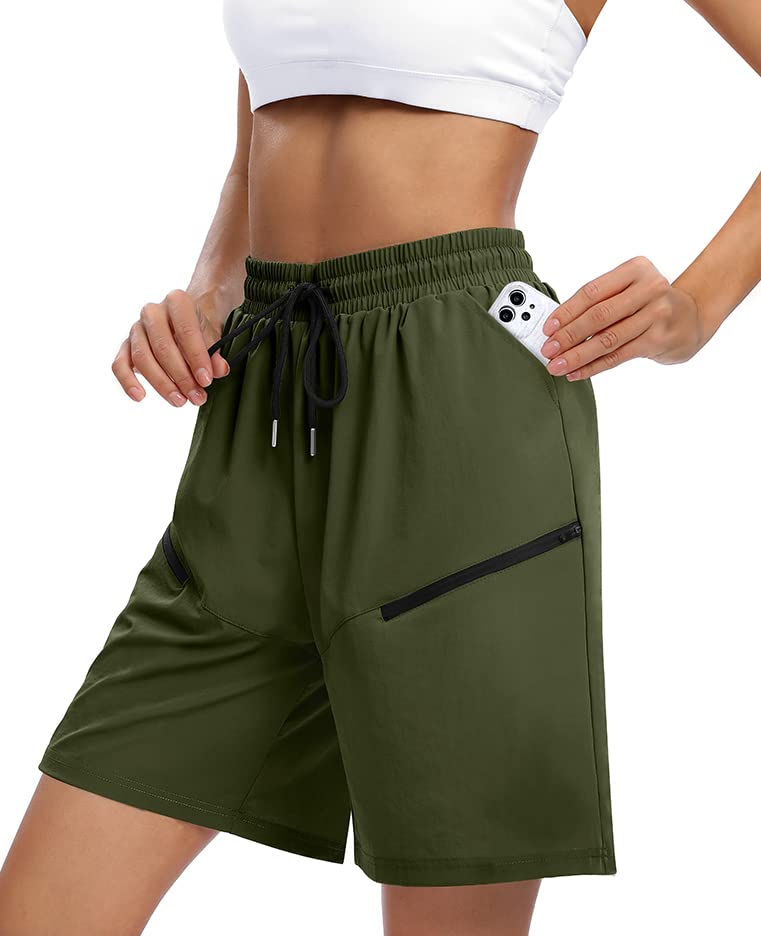 Hiking Shorts Women Quick Dry Athletic Elastic High Waisted Shorts Cargo Golf Shorts with Pockets Green L
