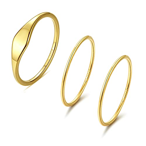 JERYAQTQ 3pcs 14K Gold Filled Stacking Rings Set 2mm Arc Slim Signet Ring 1.2mm Thin Round Plain Statement Rings for Women Girls Minimalist Stackable Band Comfort Fit Size 6 to 8