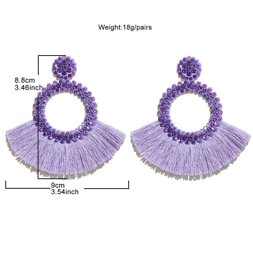 Handmade Bohemian Tassel Crystal Statement Drop Dangle Earrings for Women Hoop Fringe Lightweight Ear Jewelry Summer Accessories (Purple)