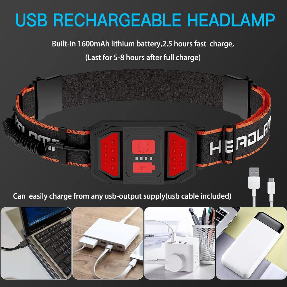 GETOVIN Headlamp Rechargeable, 2-Pack Head Lamp Flashlight Broad Beam USB LED Headlight with Red Safety Taillight Ultra Bright Hard Hat Light Waterproof,Outdoor Camping,Running