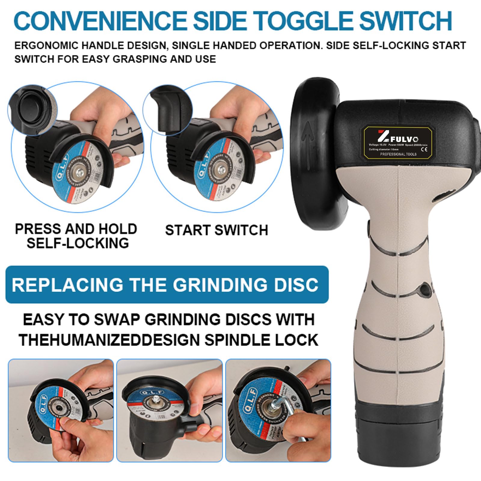 ZFULVO Cordless Brush Angle Grinder Kit, 19500rpm Mini Electric Angle Grinding Tool with 2pcs 16.8V 2000mAh Batteries and 5-Cutting Discs, Grinder Handheld Cutter for Metal Wood