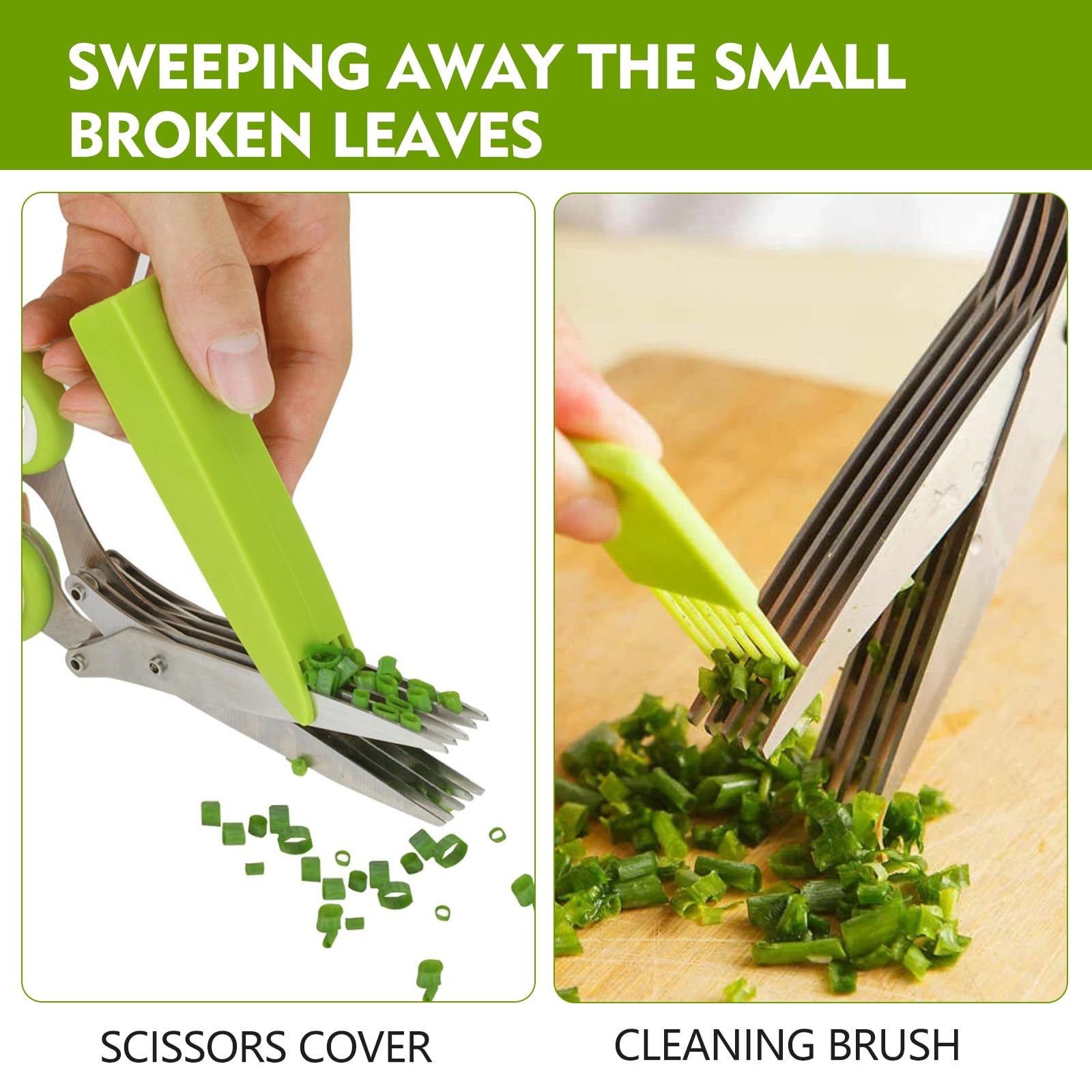 Herb Scissors,5 Blade Kitchen Herb Shears Herb Cutter with Safety Cover and Cleaning Comb for Chopping Basil Chive Parsley, Stainless Steel, Sharp Dishwasher Safe Kitchen Gadget - Green