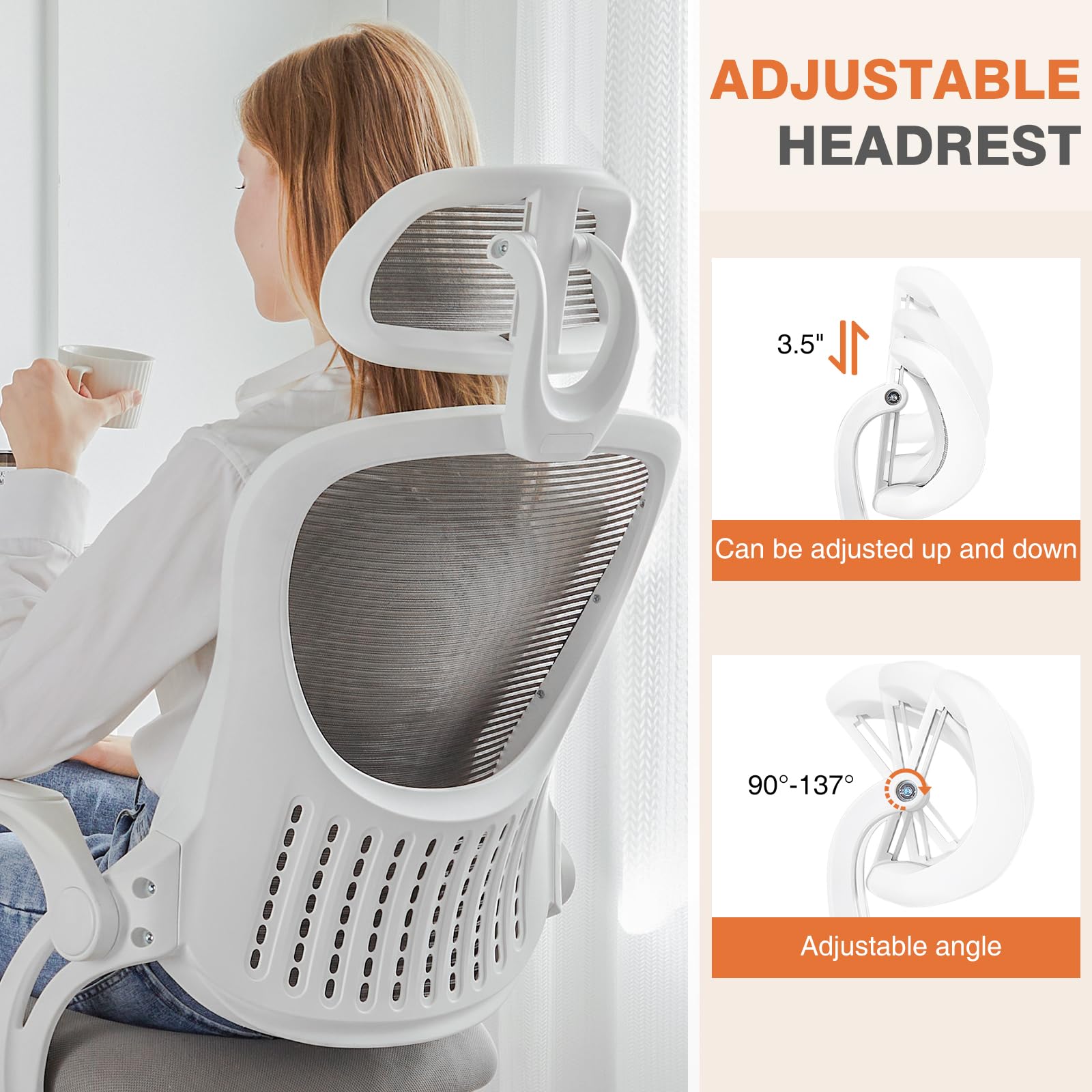 Sweetcrispy Office Computer Desk Chair, Ergonomic High-Back Mesh Rolling Work Chairs with Wheels and Adjustable Headrests, Comfortable Lumbar Support, Comfy Flip-up Arms for Home,Bedroom,Study, Black