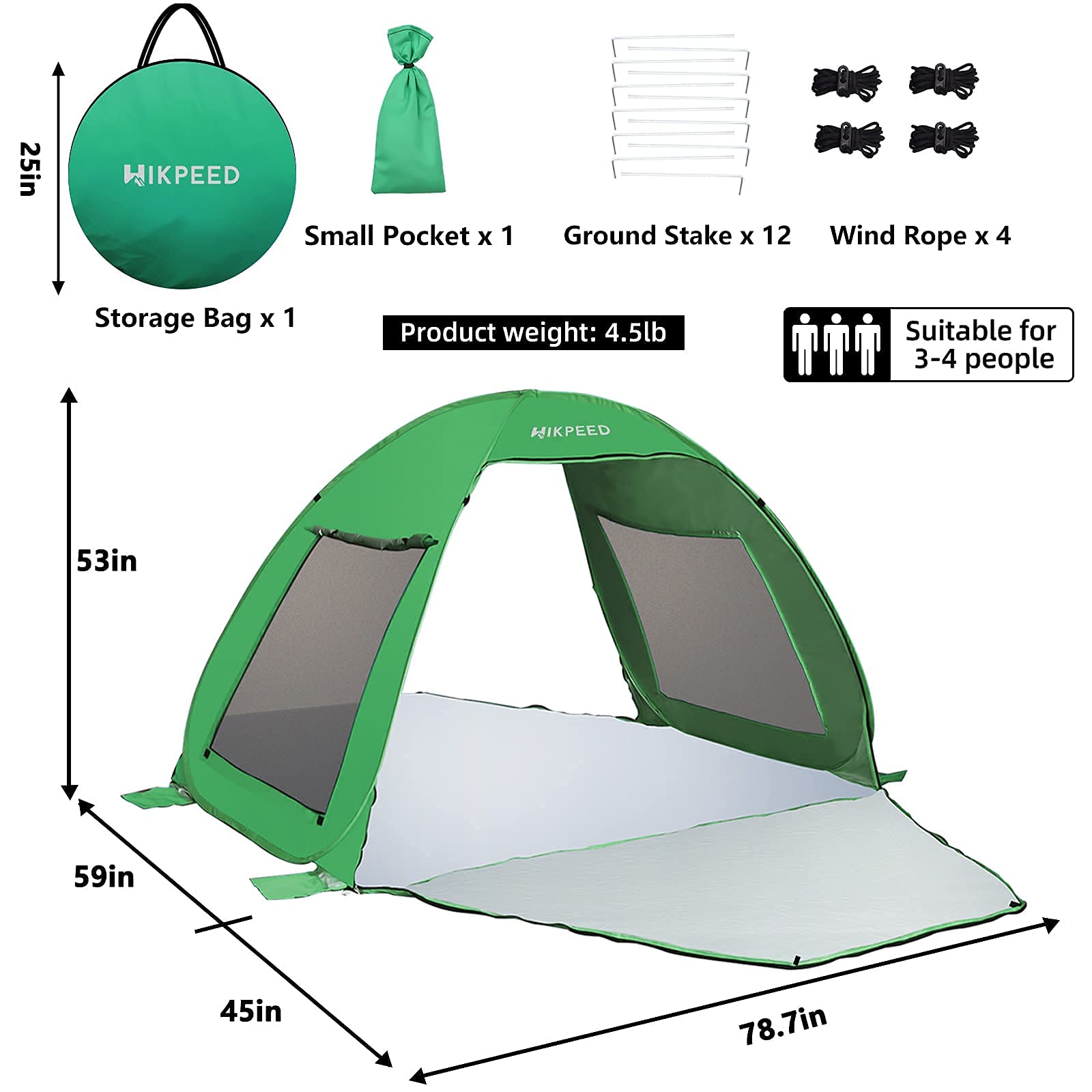 HIKPEED Pop Up Beach Tent for 3-4 Person, Beach Shade Sun Shelter - Beach Tent Pop Up Shade with 2 Doors, Portable Easy Set Up Beach Canopy, with Carry Bag & Stakes & Guy Lines