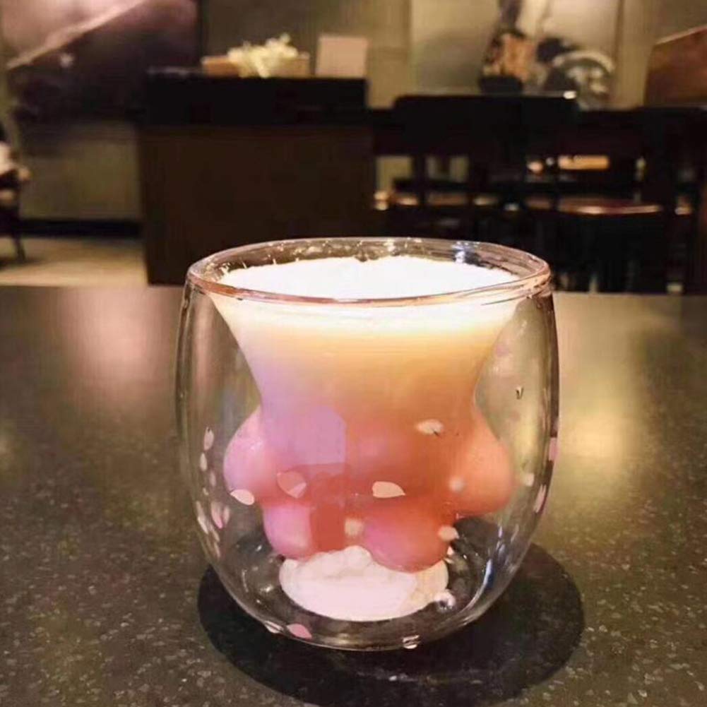 Jsacemxi Sakura Coffee Mug Double Wall Glass Cup Cat Claw Cup Heat-Resistant Handmade Creative Milk Mug Tea Whiskey Cup (Cat Paws) (Cute cups)