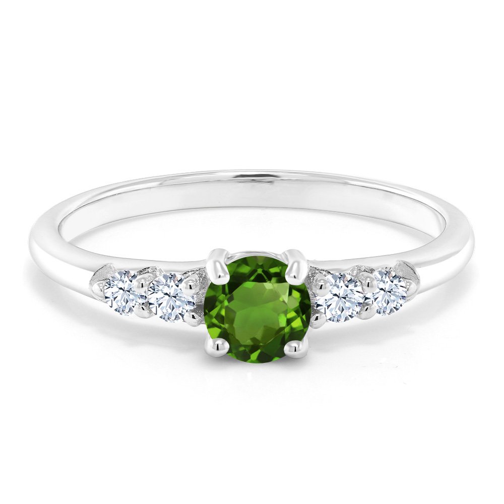 Gem Stone King 925 Sterling Silver Green Chrome Diopside and White Created Sapphire Engagement Ring For Women (0.67 Cttw, Available In Size 5, 6, 7, 8, 9)