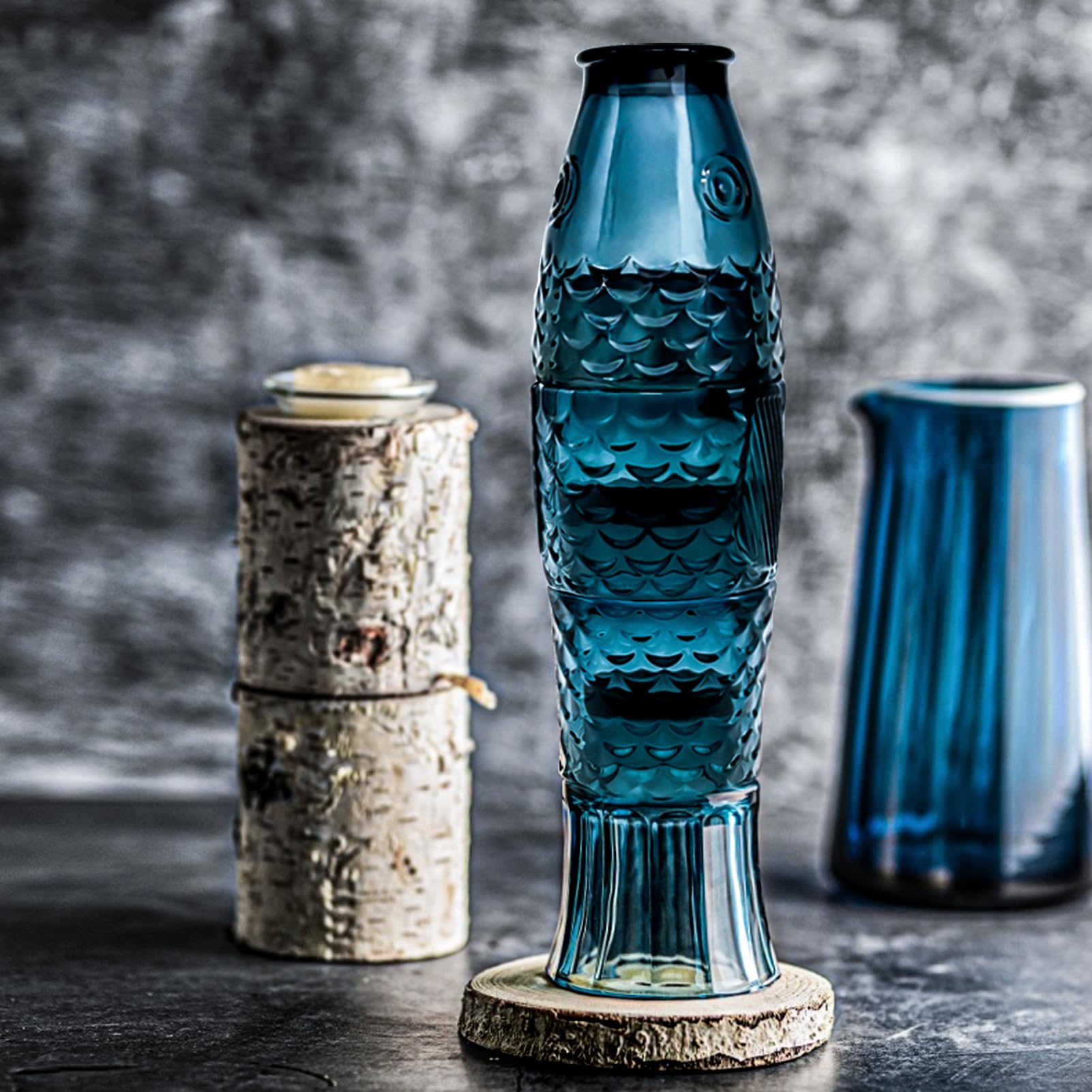 UPZAI 12oz Fish Design Drinking Glasses Set of 4, Stackable Old Fashioned Glass Cups Kitchen Glassware, Home Decor Aesthetic Water Cups for Beside Beverage Juice Coffee Beer Cocktail Whiskey (Blue)