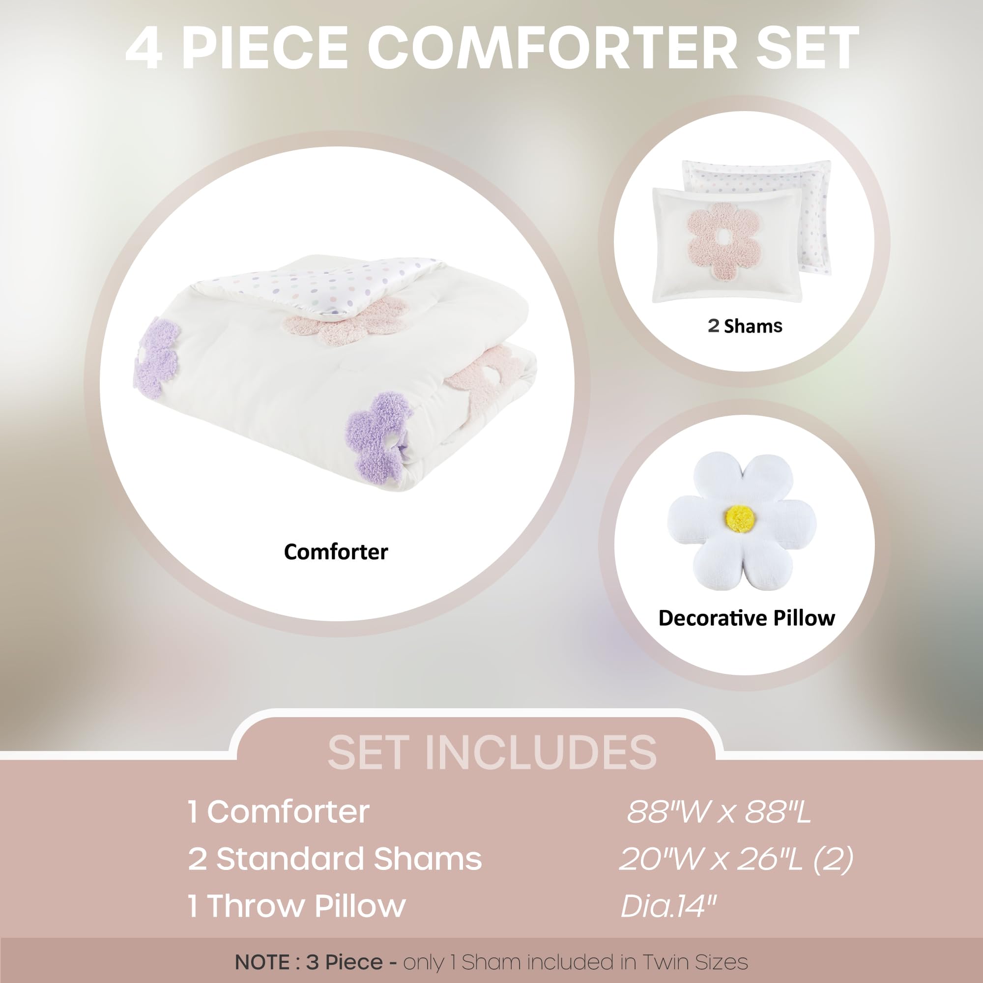 Urban Habitat Kids Queen Comforter Set for Girls, Tufted Chenille Floral Comforter Set Queen, Lightweight Polka Dot Comforter Reversible Bed Set, Shams, Pillow, Gracie, Full/Queen White/Purple 4 Piece