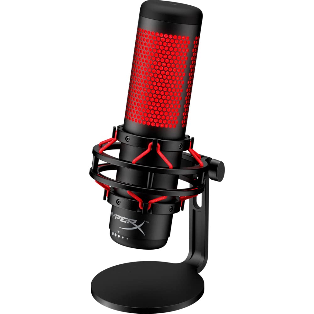 HyperX 4P5P6AA QuadCast Electret USB Condenser Microphone, Black/Red Bundle with Deco Gear Adjustable Mic Suspension Boom Scissor Arm Stand, Screw Thread Adapter and Pop Filter Microphone Wind Screen