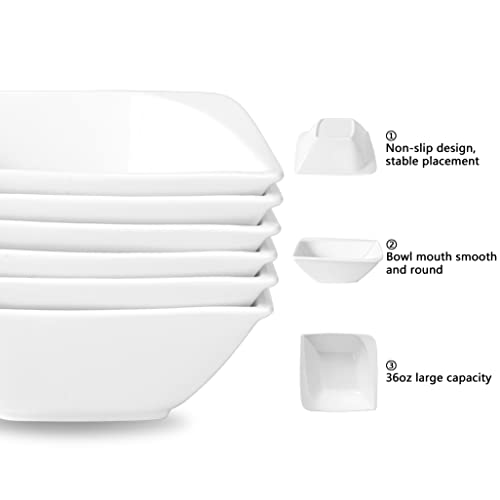 HAPPY KIT White Large Soup Bowls for Eating Set of 6 - Square 36oz Deep Ceramic Salad Cereal Bowl, 7 inch Porcelain Serving Bowls for Kitchen Ramen Rice, Dishwasher & Microwave Safe