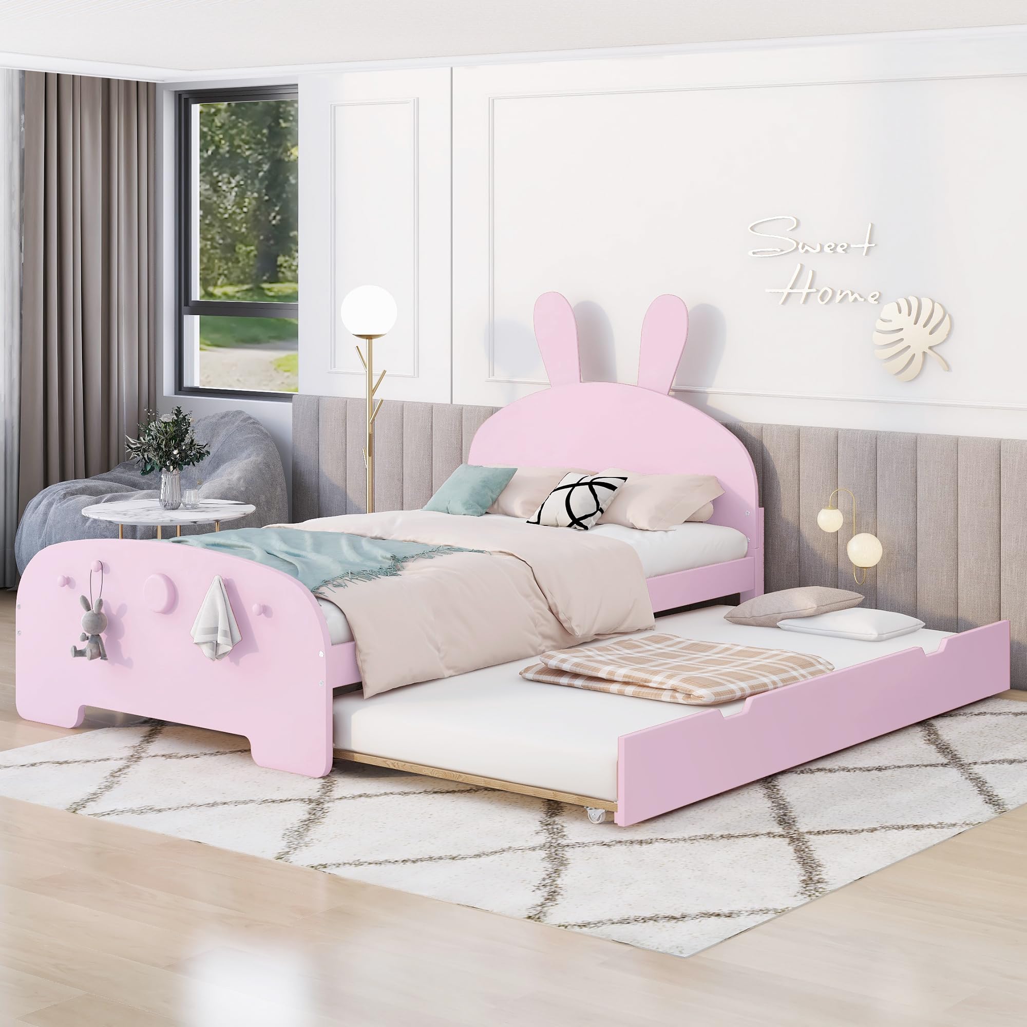 HABUHOME Wood Twin Size Platform Bed with Cartoon Ears Shaped Headboard and Trundle, Pink