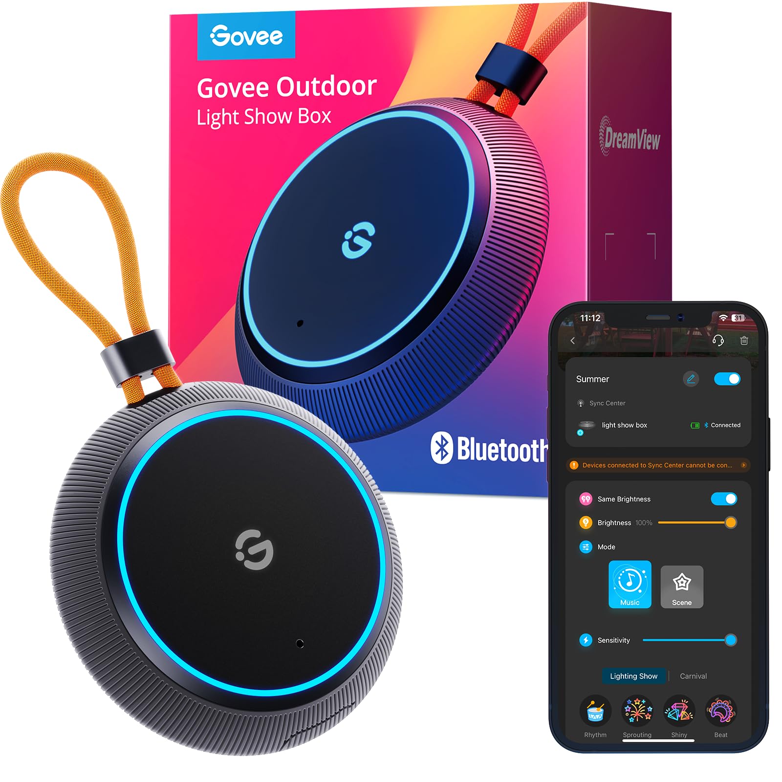 Govee Outdoor Light Show Box, 22 Music Modes and 20 Scene Modes, Bluetooth Smart Group Control 10 Devices, IP65 Waterproof, Battery Powered, USB Charged, Supports Govee Smart Color Lights