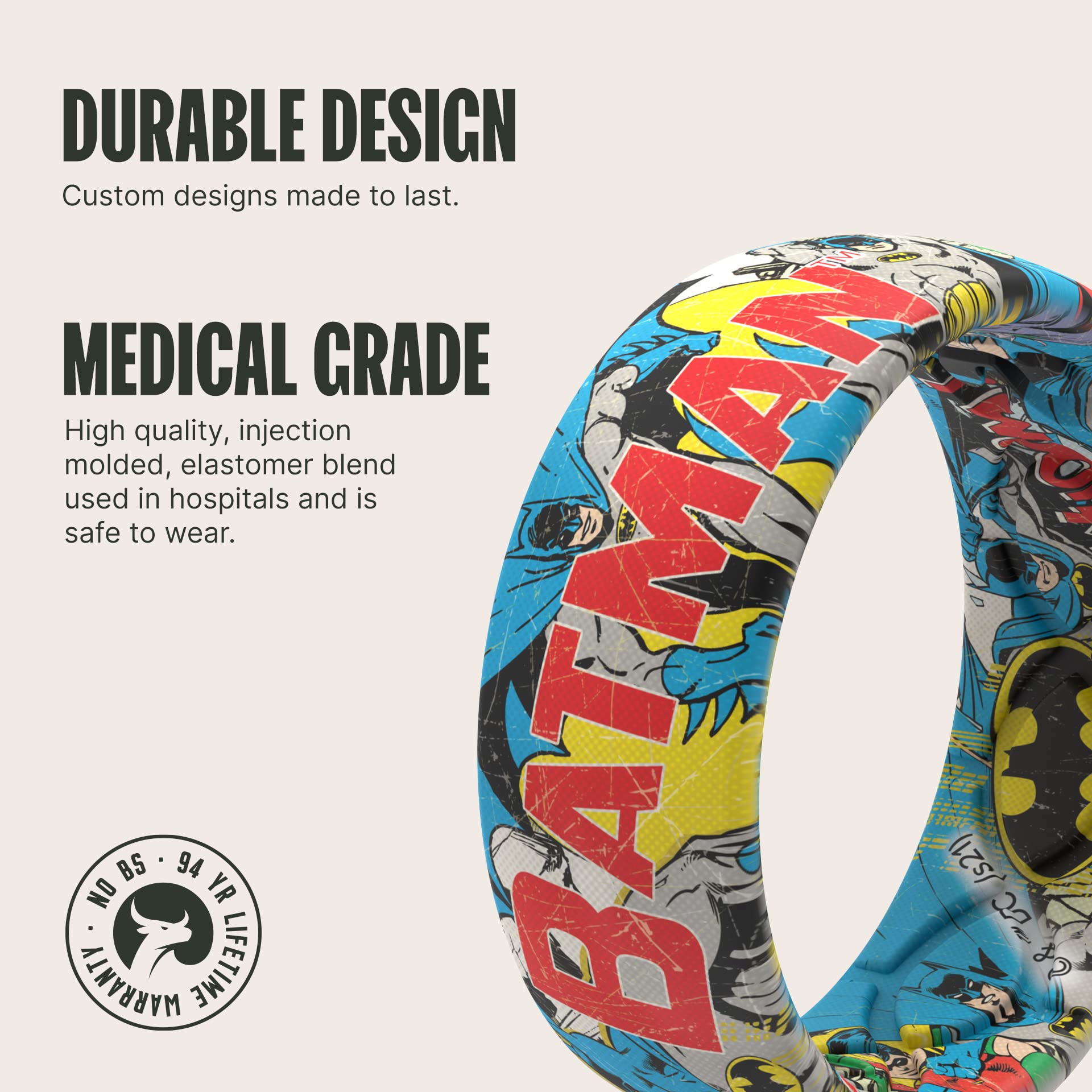 Groove Life DC Comics Classic Batman Silicone Ring - Breathable Rubber Wedding Rings for Men, Lifetime Coverage, Unique Design, Comfort Fit Ring - Size 12