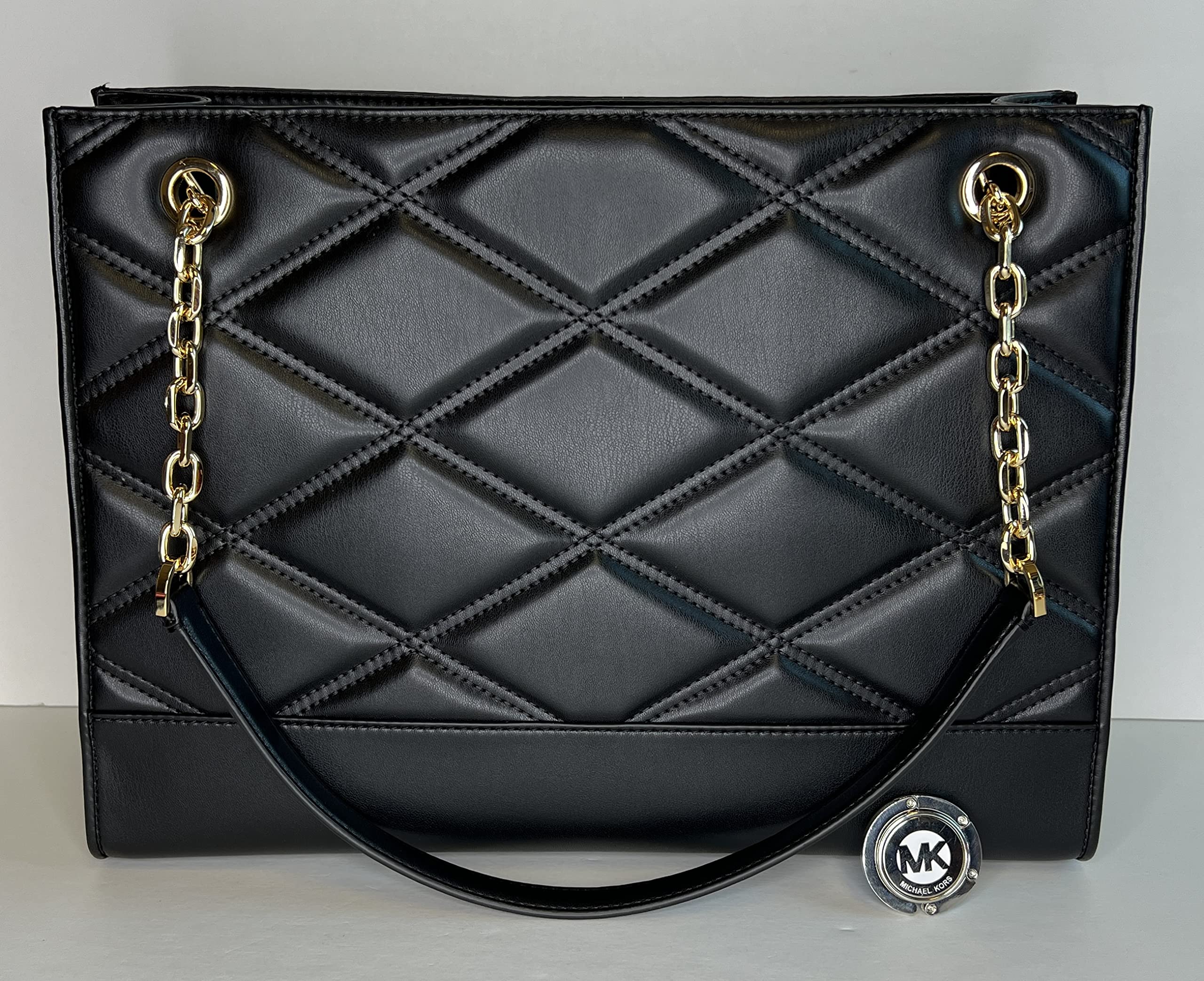 Michael Kors Serena LG EW Chain Shoulder Tote bundled with Trifold Wallet and Purse Hook (Black)