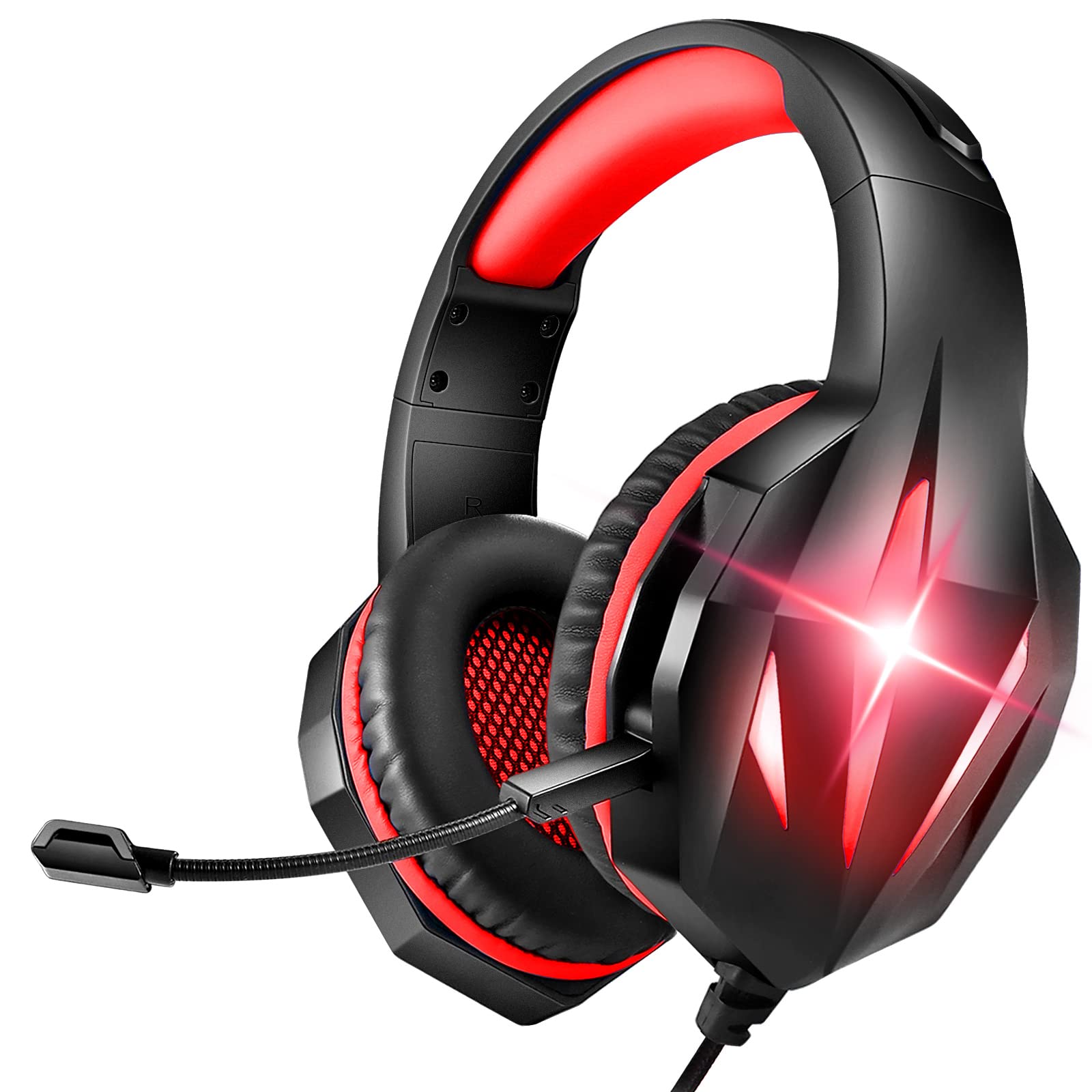 HIOEPR Gaming Headset, J5 Gaming Headphones with Microphone for PC Laptop, 50mm Drivers Over Ear Headphones for PS4PS5 Xbox One S Mac, Surround Stereo, LED Light, 3.5mm Audio Jack, Volume Control, Red
