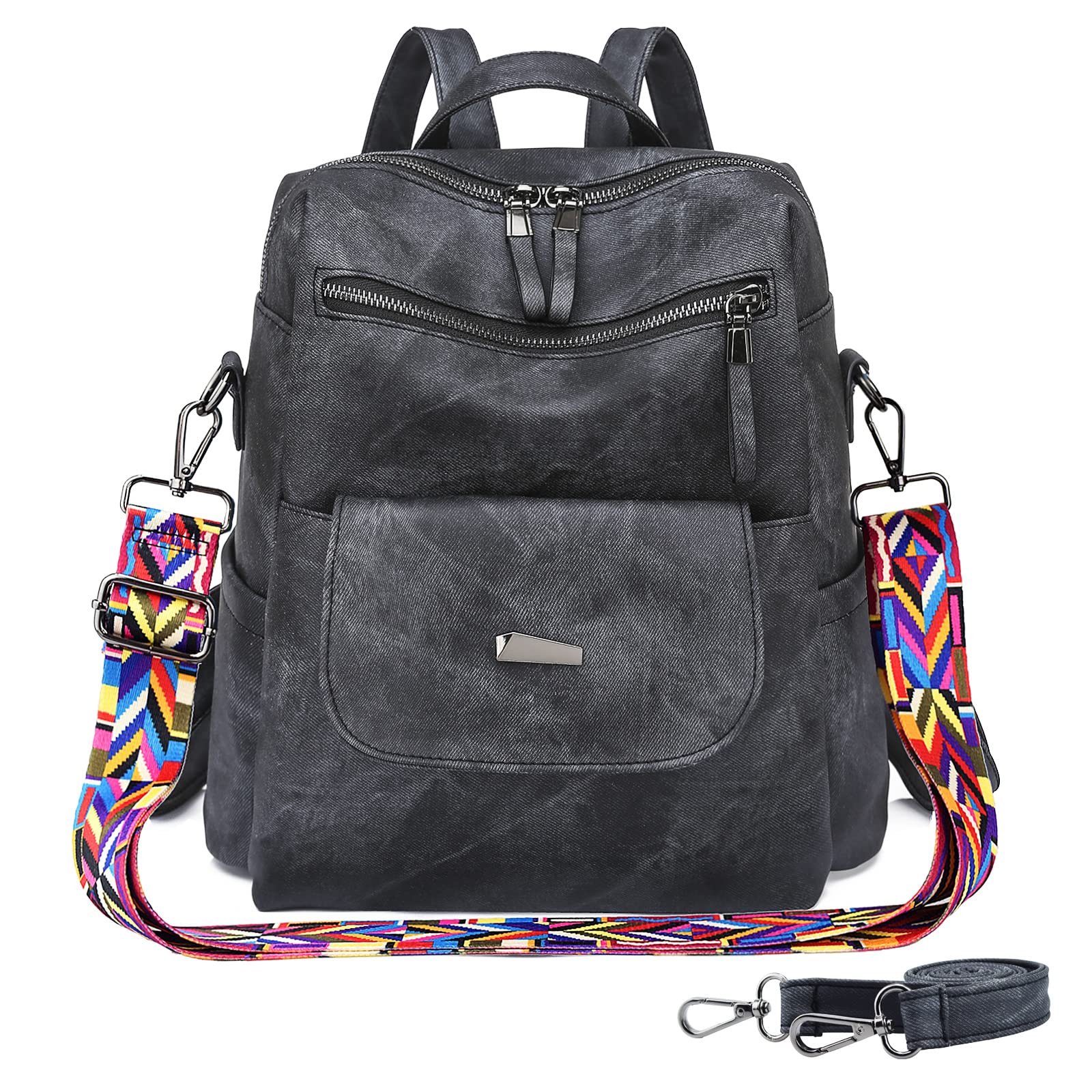 KlaOYer PU Leather Backpack Purse for Women Fashion Multipurpose Design Handbag Ladies Shoulder Bags Travel Backpack (Black)