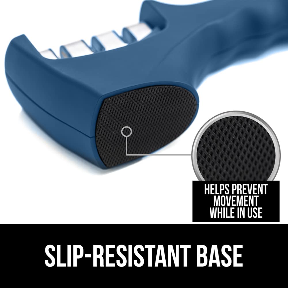 Gorilla Grip Easy to Use Knife Sharpener, 3 Sharpening Options to Help Polish, Sharpen and Repair Kitchen Knives, Restore Dull Blades, Slip Resistant Handle, Durable, Professional Chef Quality, Blue