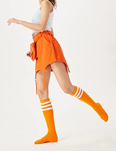 Joulli Women's Knee High Athletic Socks Stripe Tube Outdoor Sport Socks 3 Pairs, Orange