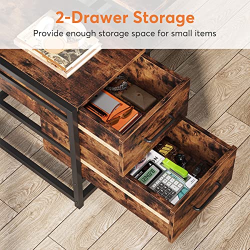 Tribesigns 55 Inch Computer Desk with 2 Drawers and Storage Shelves, Rustic Office Desk with Hutch, Study Writing Gaming Table Laptop Workstation for Home Office (Brown)