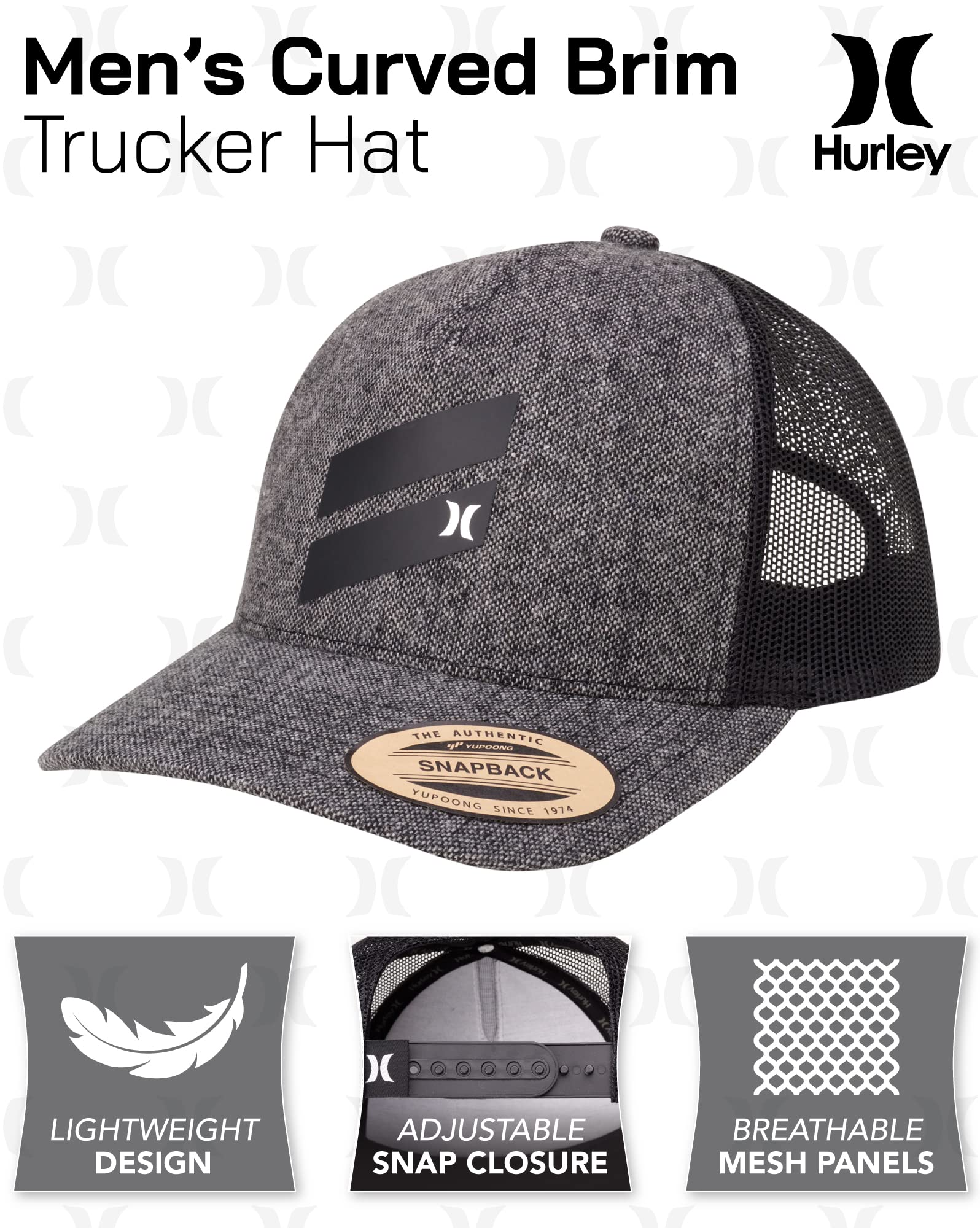 Hurley Men's Baseball Cap - Icon Slash Curved Brim Trucker Hat, Size One Size, Solid Black