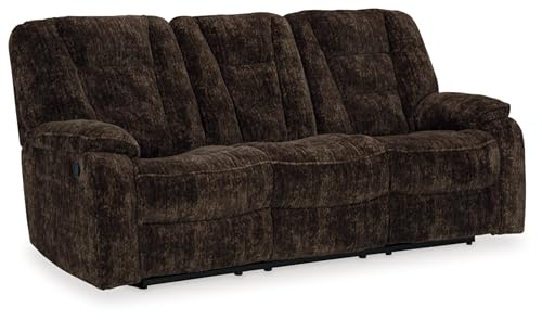 Signature Design by Ashley Soundwave Contemporary Manual Reclining Sofa with Drop Down Table, USB Ports and Cup Holders, Dark Brown