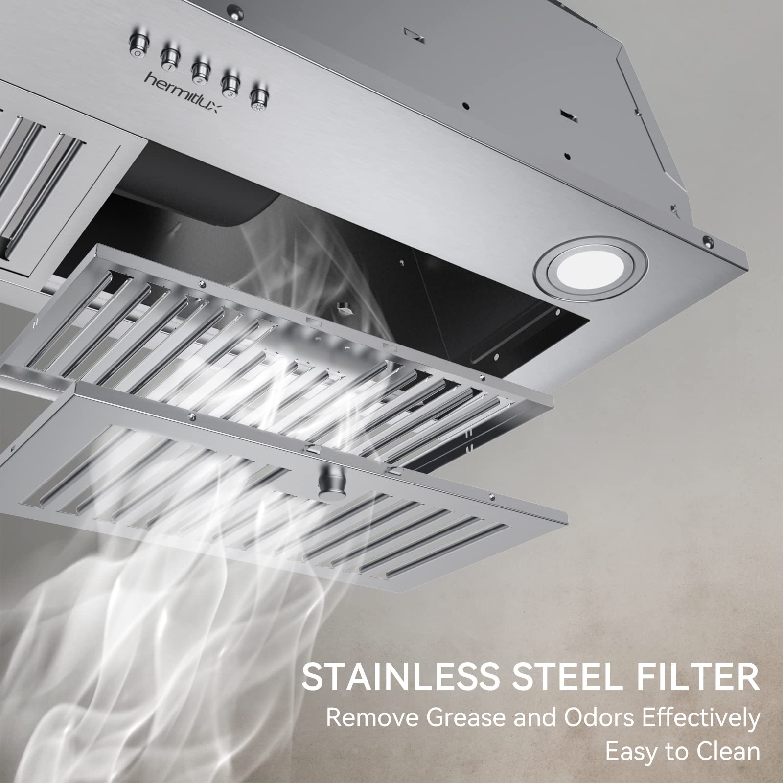 Hermitlux 30 inch Built-in/Insert Range Hood, 600 CFM 3 Speed Vent Hood, Ducted/Ductless Convertible, Stainless Steel Range Hoods with Bright LED Light, Baffle Filters and Charcoal Filters