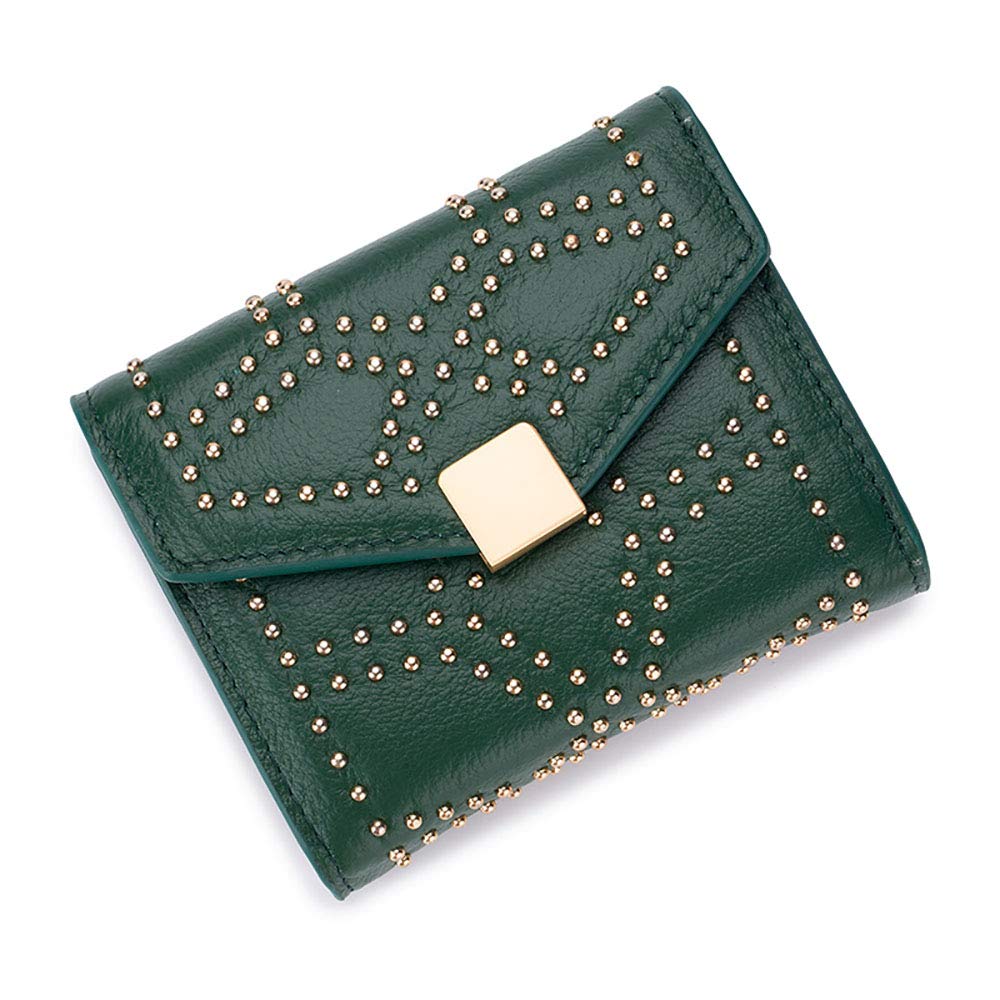Genuine Leather Wallet for Women, Rivet Studded Money Organizer, Smart Leather Credit Card Case, Multipurpose Small Purse (Dark Green)